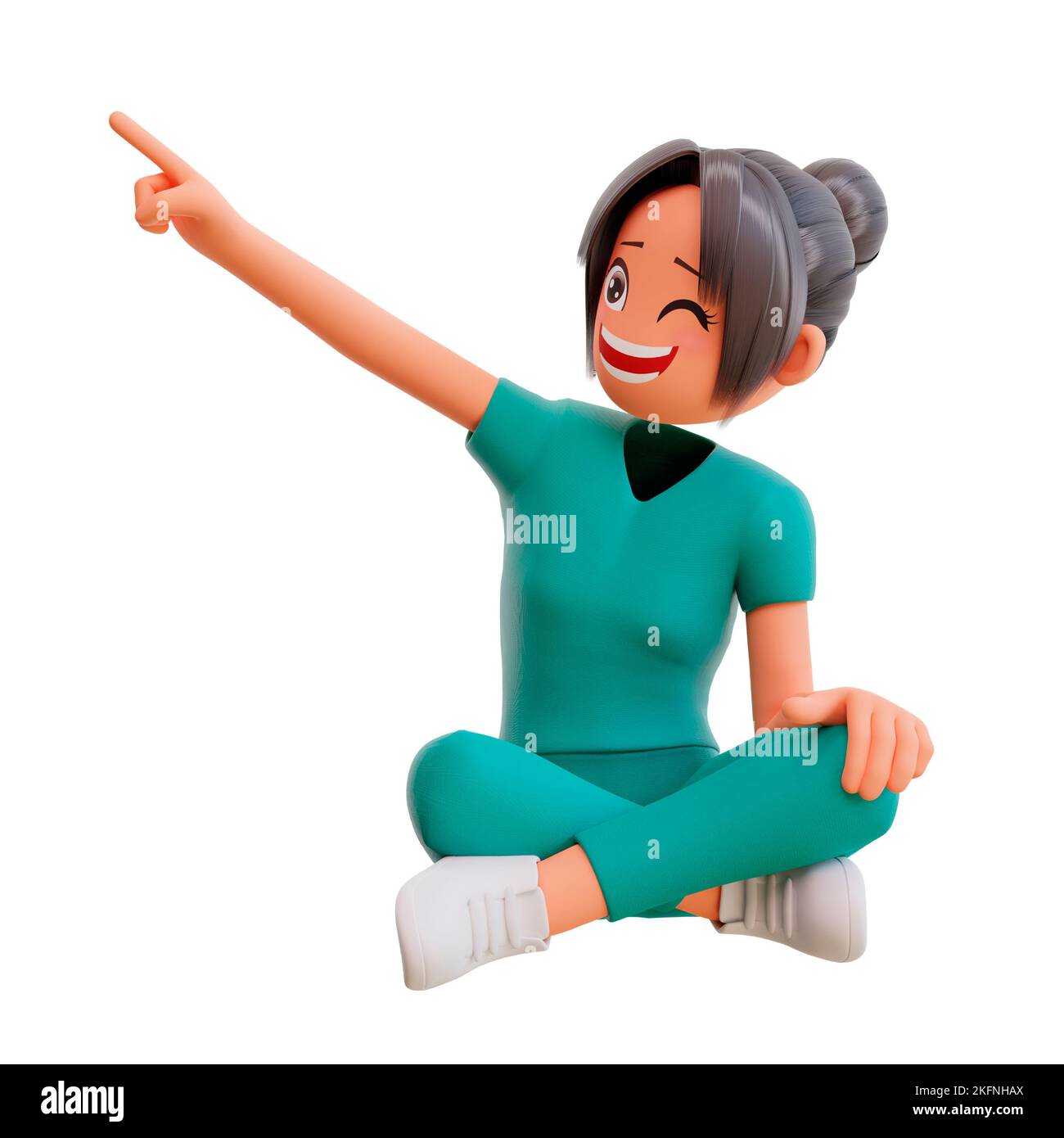 A 3D-rendered cartoon girl happily pointing to the right isolated on a ...