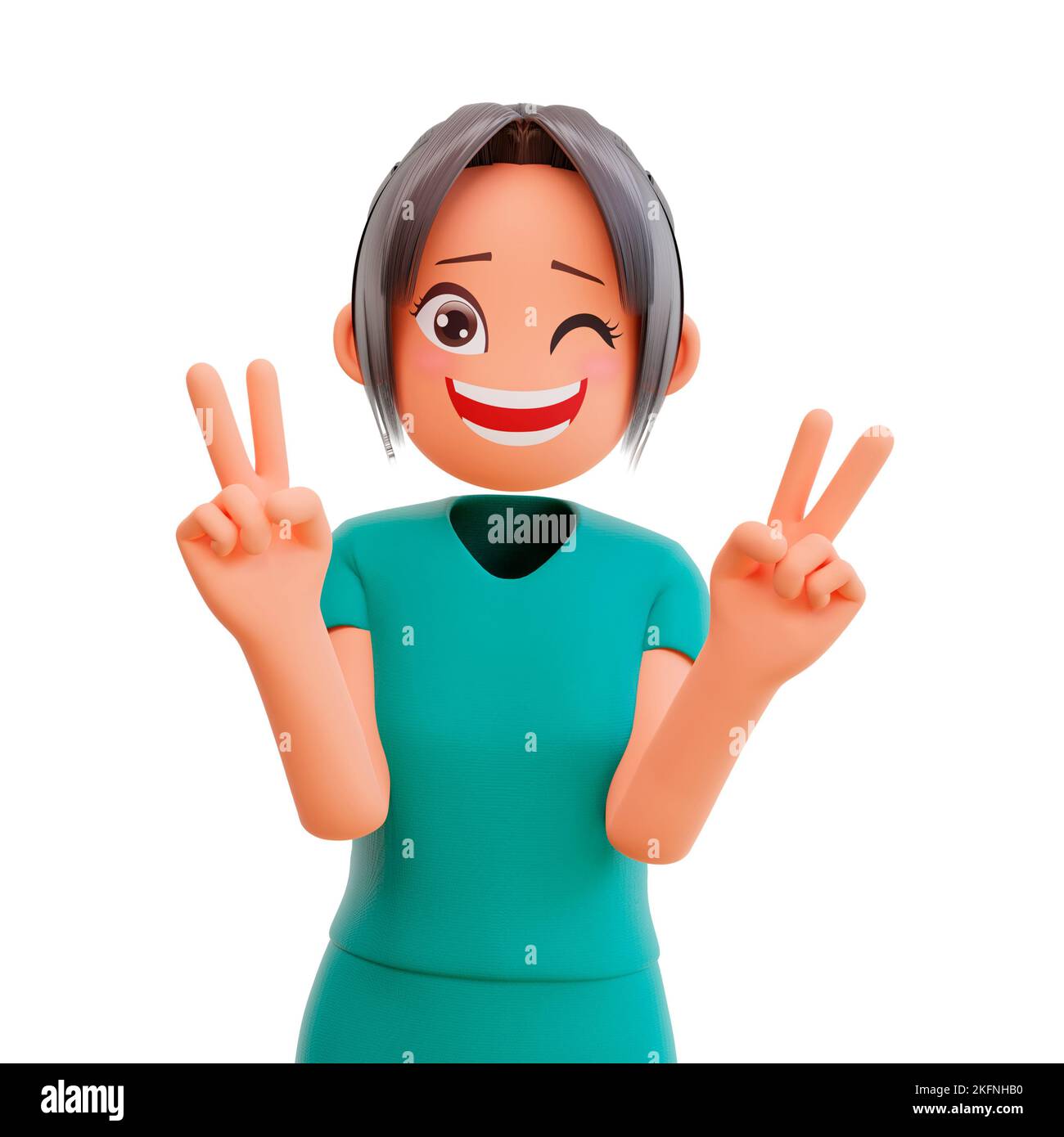 A 3D-rendered cartoon girl happily showing the peace sign isolated on a ...
