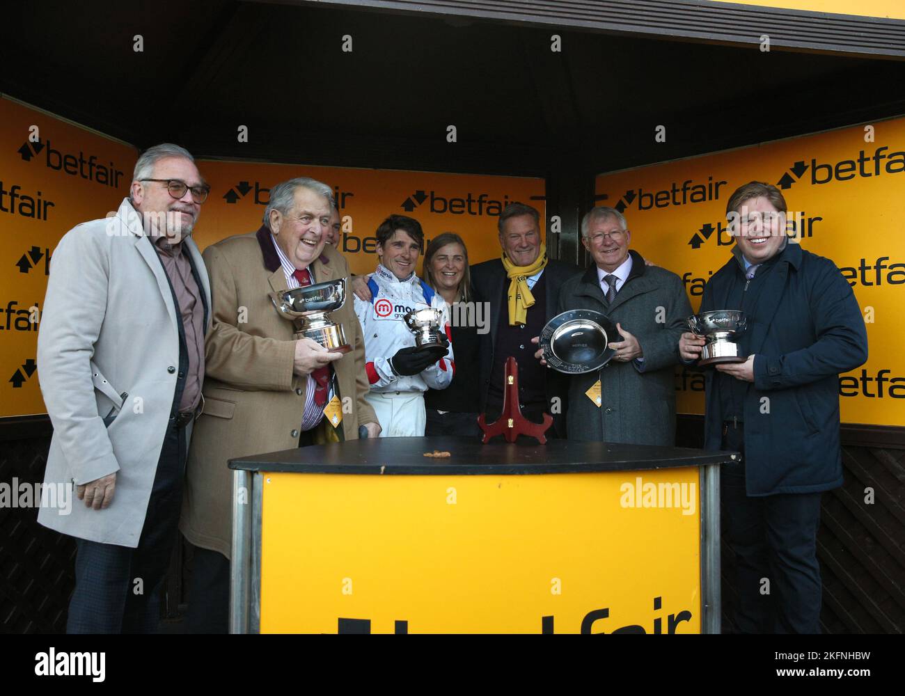 Harry Skelton lifts the trophy after winning the Betfair Chase with ...