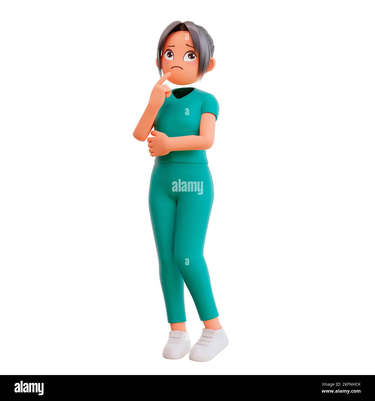 A 3D-rendered cartoon nurse in a hospital gown uniform thinking with a ...