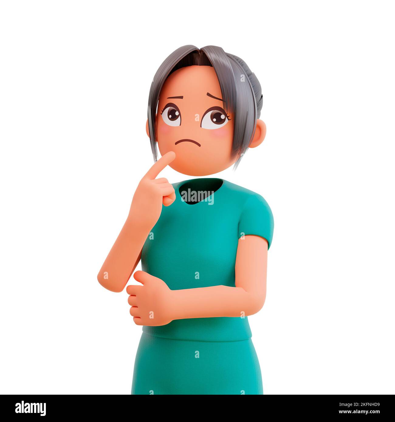 A 3D-rendered cartoon nurse in a hospital gown uniform thinking with a ...