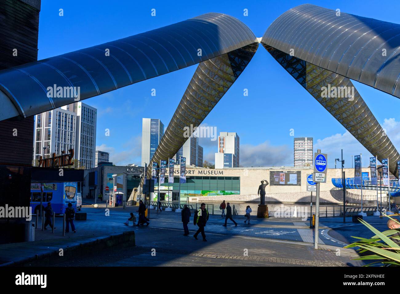 The Whittle Arch sculpture with the Transport Museum behind. Millennium ...