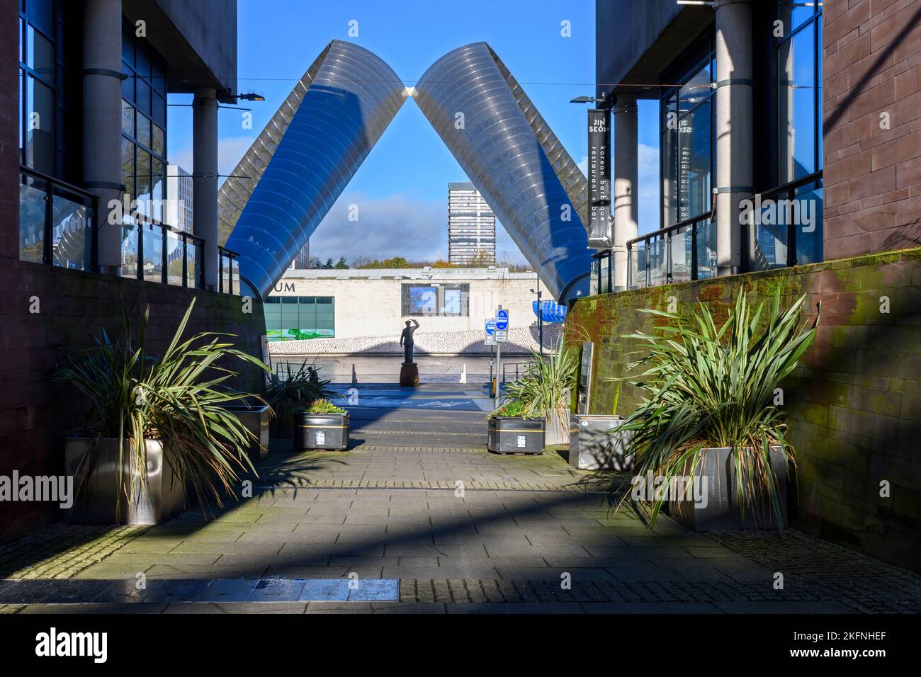 The Whittle Arch sculpture with the Transport Museum behind. Millennium ...