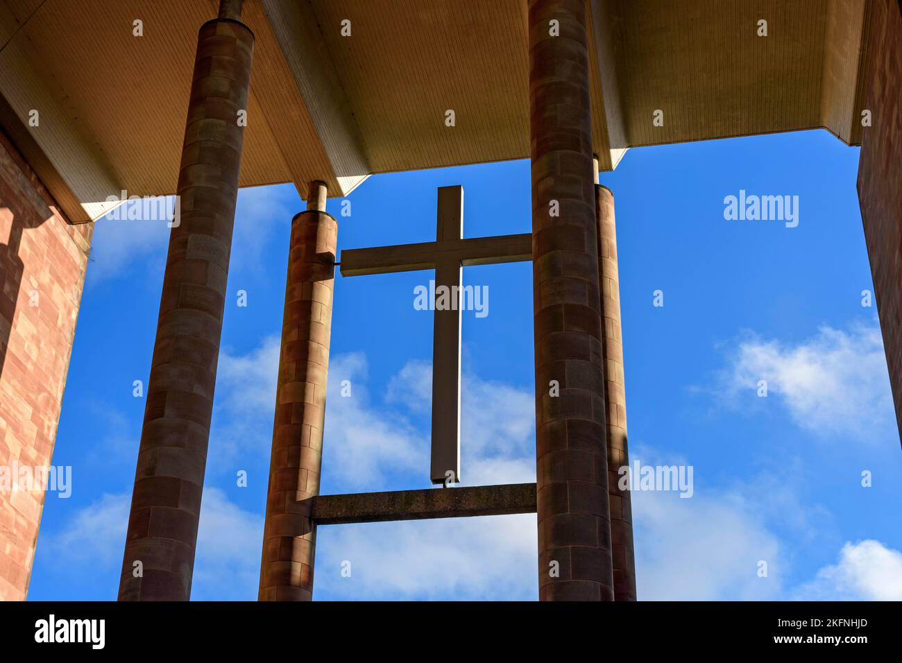 Cross and pillars in the entrance porch of Coventry Cathedral ...