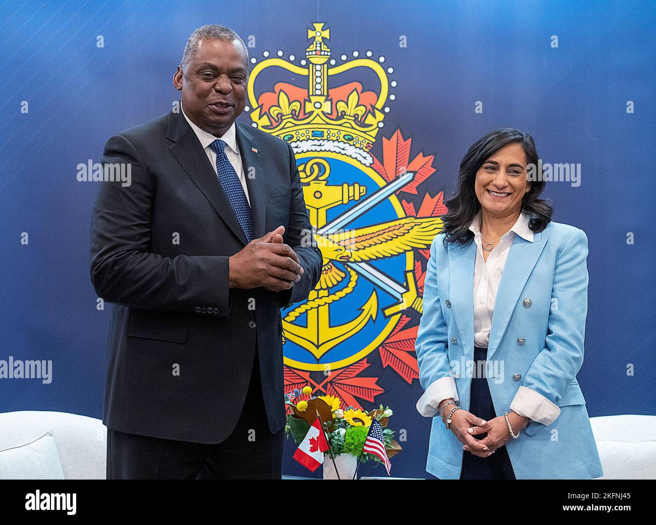 Canadian Defence Minister Anita Anand, right, and U.S. Secretary of ...