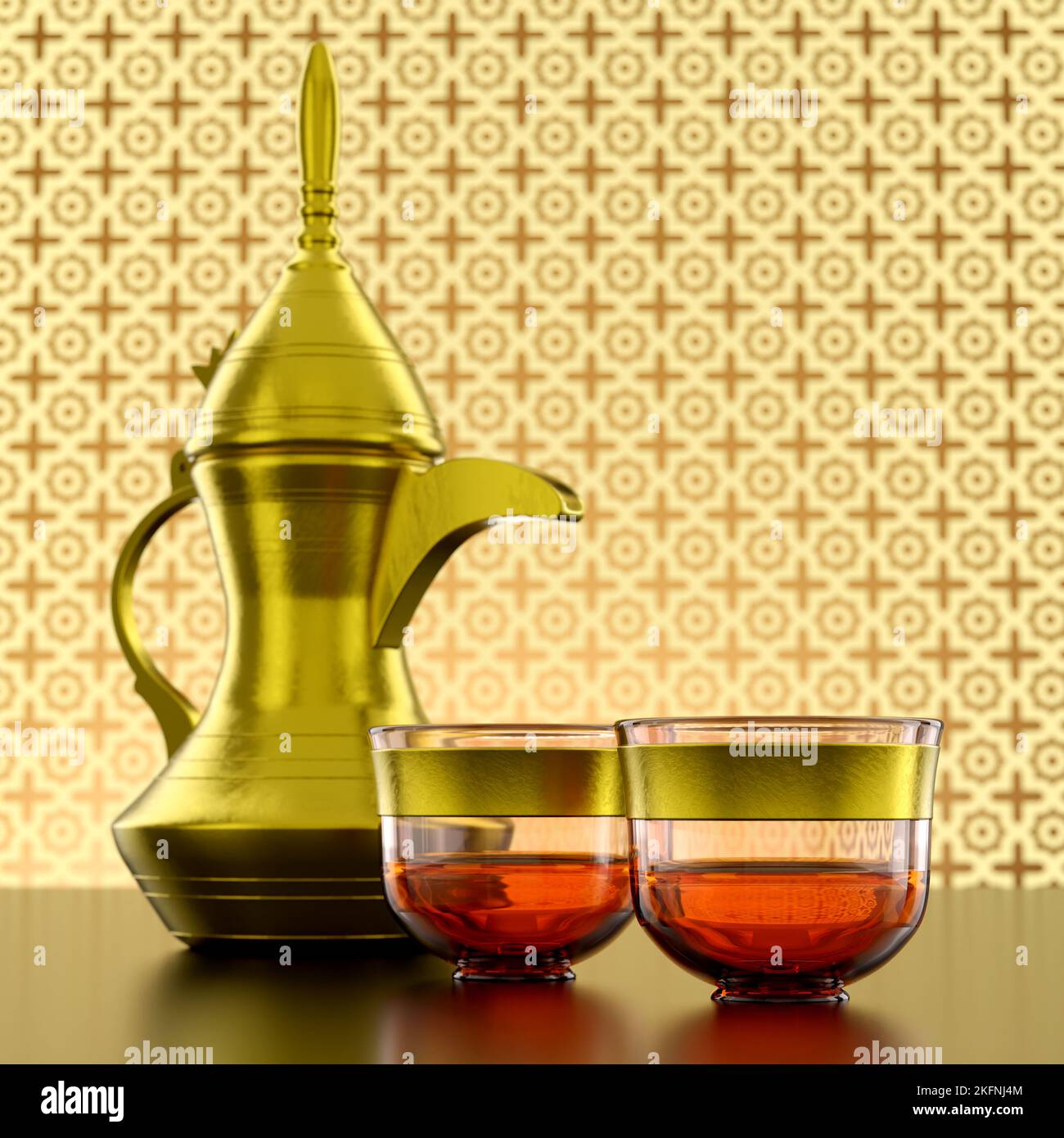Middle Eastern Arabic Coffee Golden Dallah Pot with Cups A symbol of ...