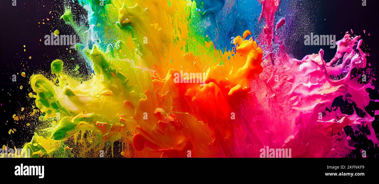 panorama Exploding liquid paint in rainbow colors with splashes Stock ...