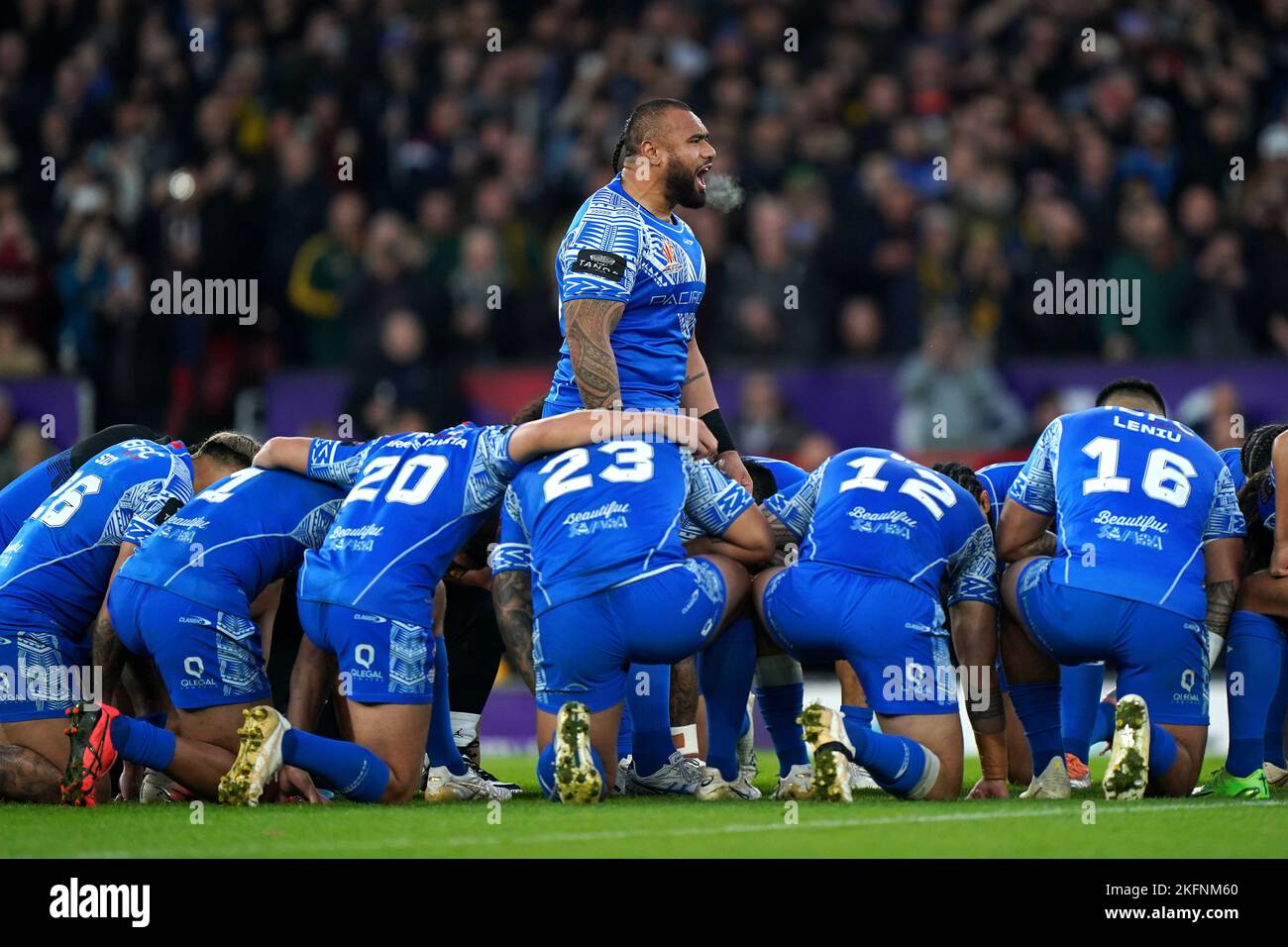 Samoa's Junior Paulo and players perform the Siva Tau before the Rugby ...