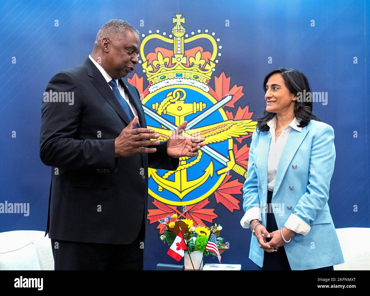 Canadian Defence Minister Anita Anand, right, and U.S. Secretary of ...