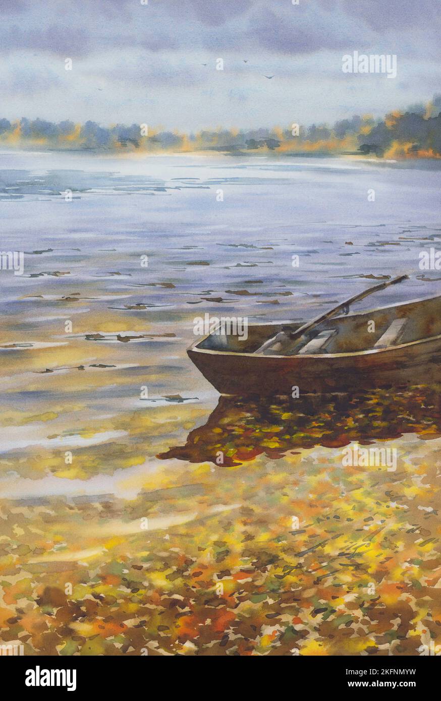 Morning landscape by the lake watercolor background. Autumn ...