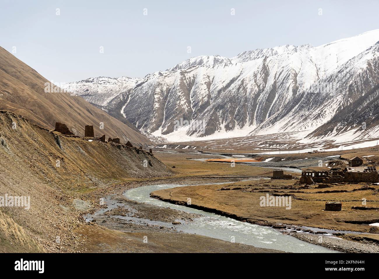 Magical truso valley with snow capped mountains and ruins of the ...