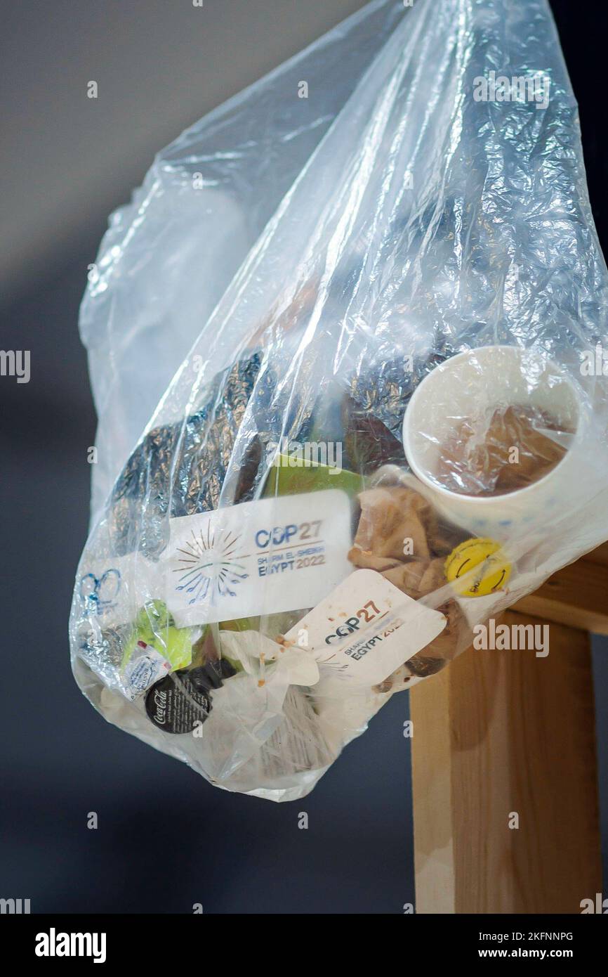 Garbage stuck in a plastic bag at the COP27 climate conference. Sharm ...