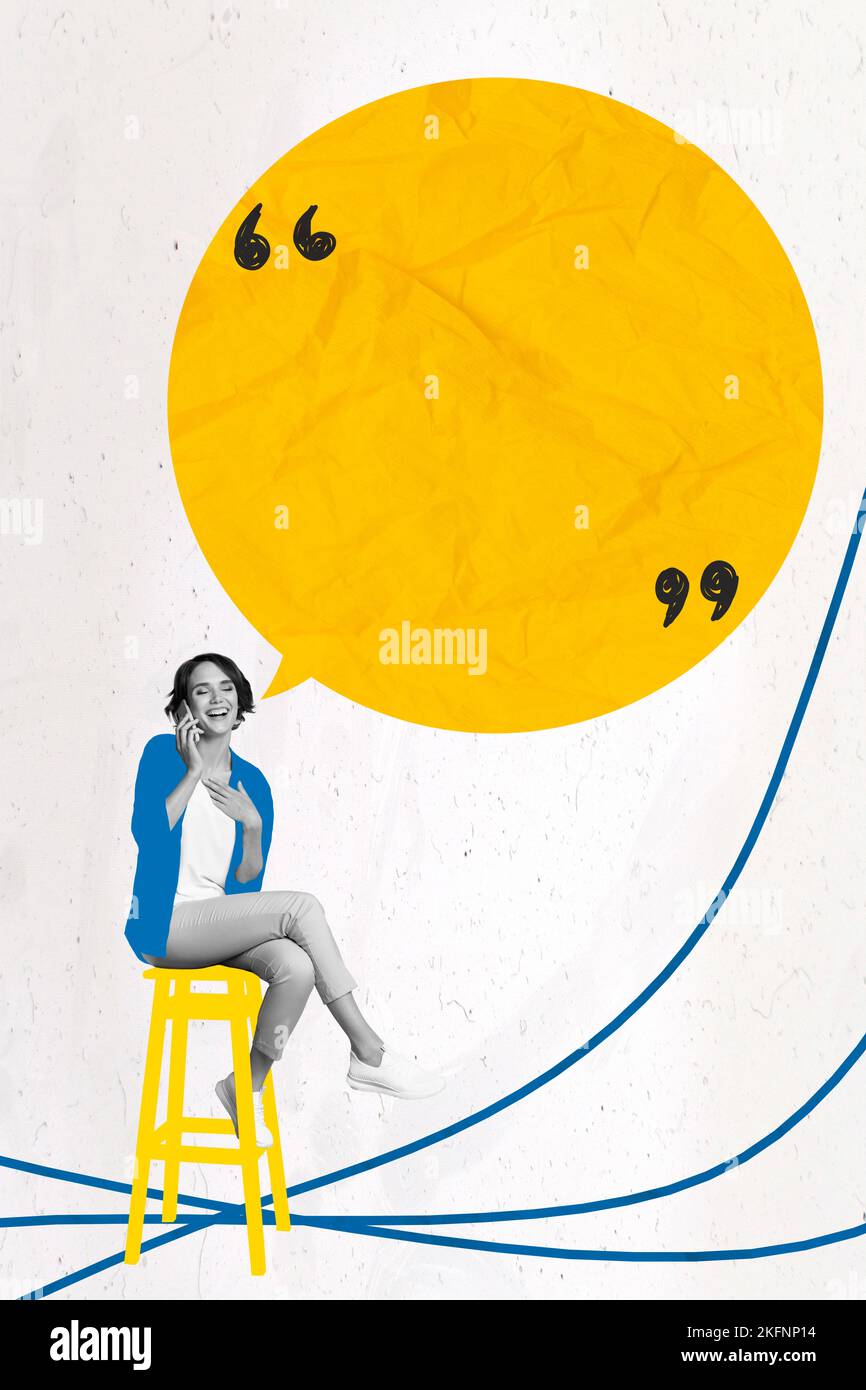 Vertical creative collage photo of laughing adorable woman talking ...