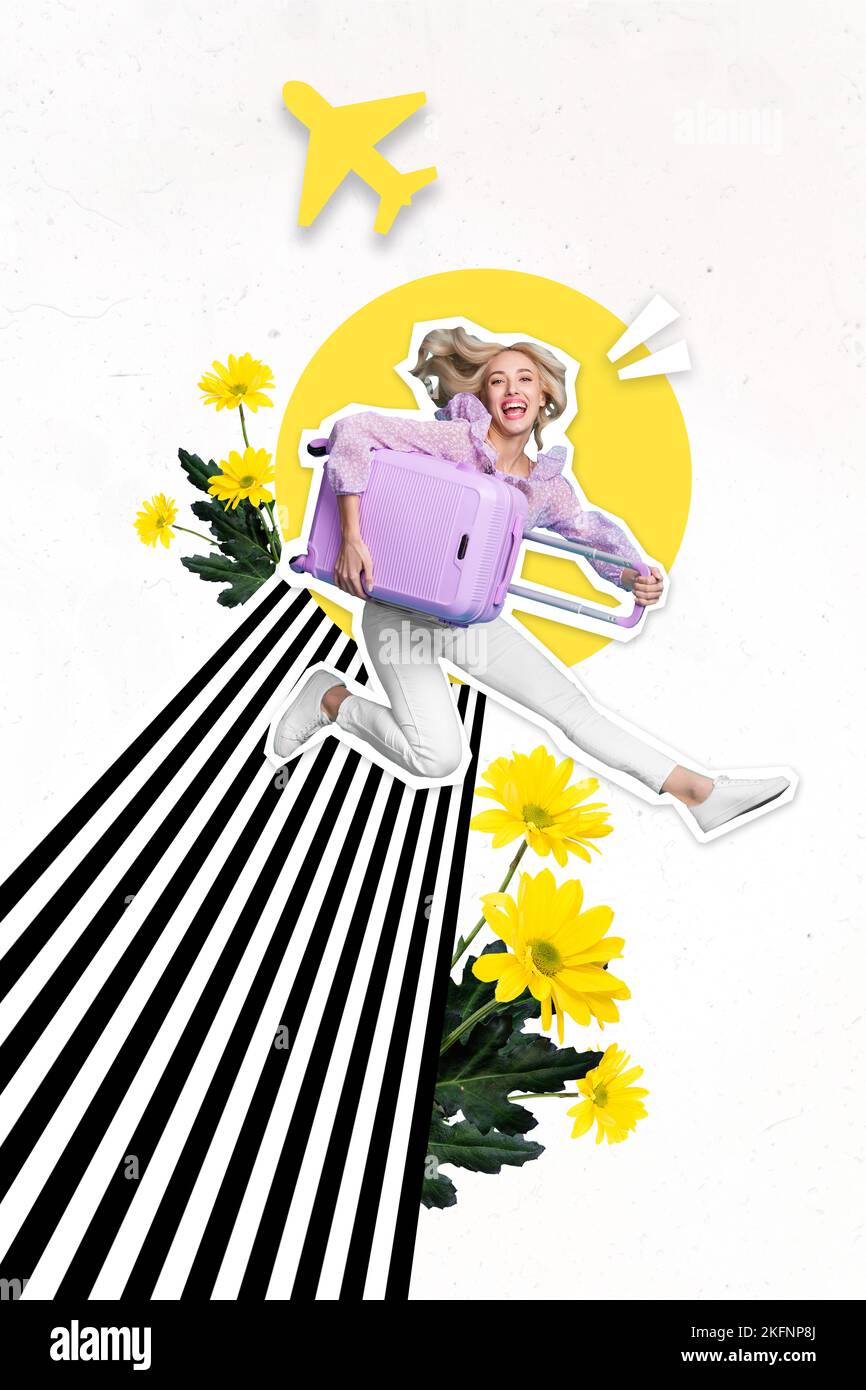 Vertical banner collage of women jump with bag wear casual cloth ...