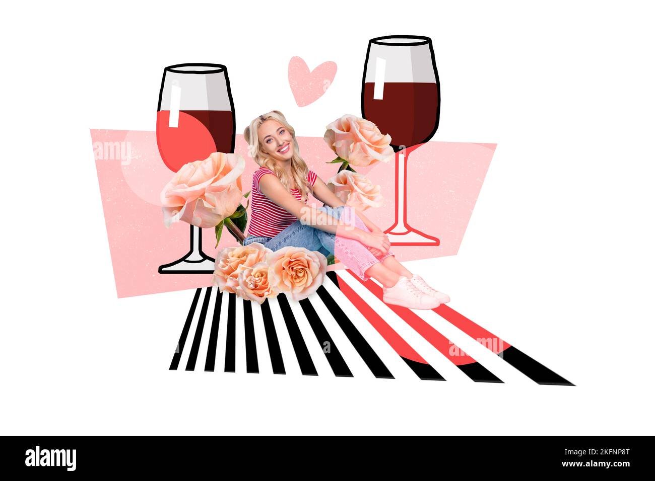 Poster collage of women sit with wine roses wear casual cloth isolated ...