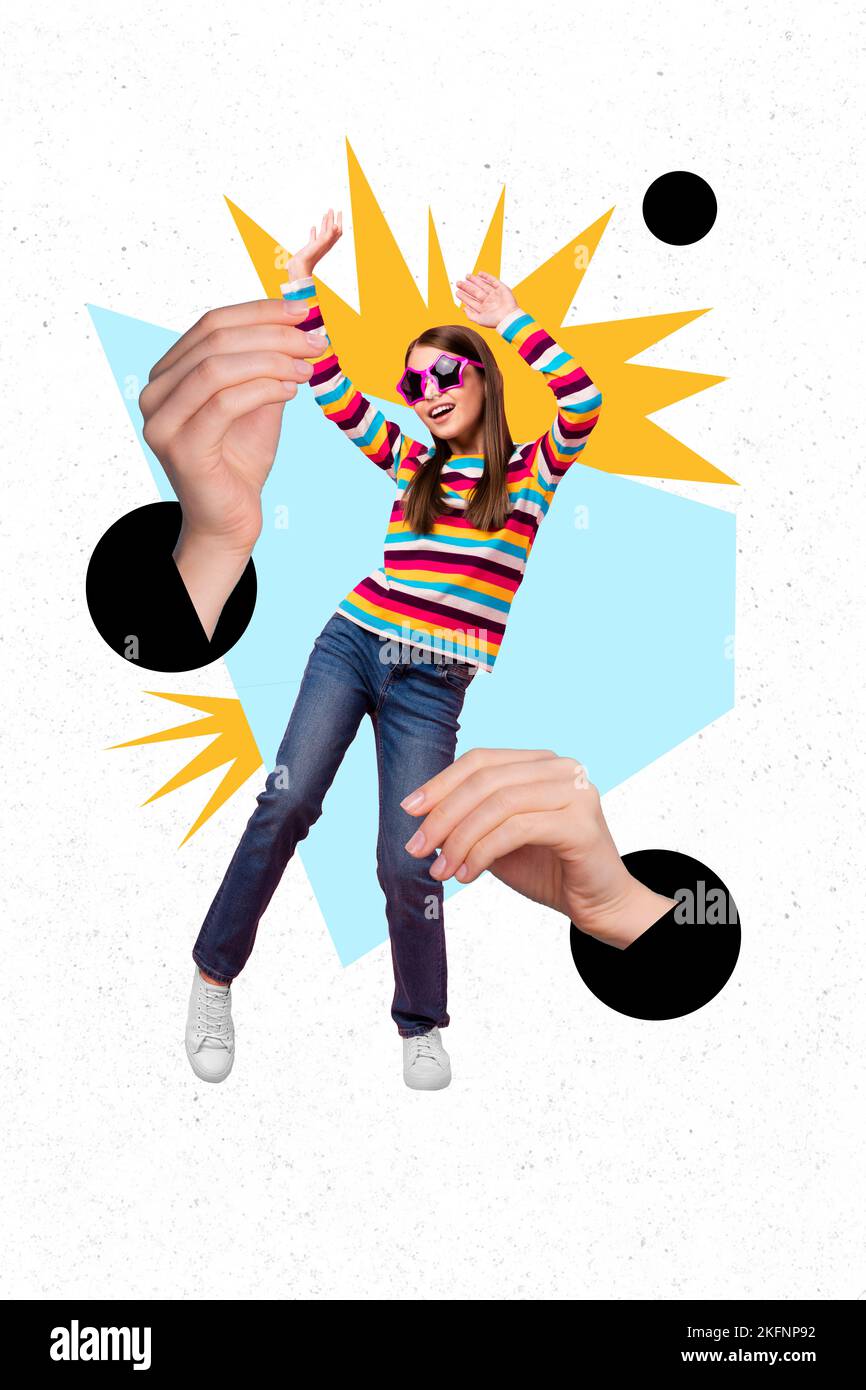 Vertical composite collage of big hands controlling little excited girl ...