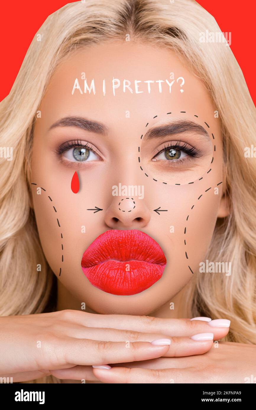 Vertical collage picture of girl face drawing contour big lips ...