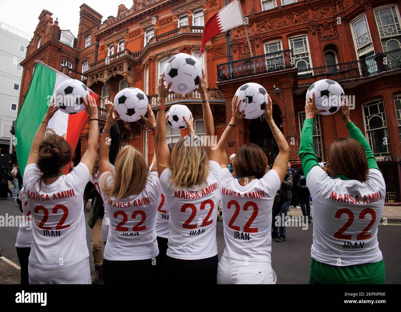 London, UK. 19th Nov, 2022. Iranian women arrive at the Qatar Embassy ...