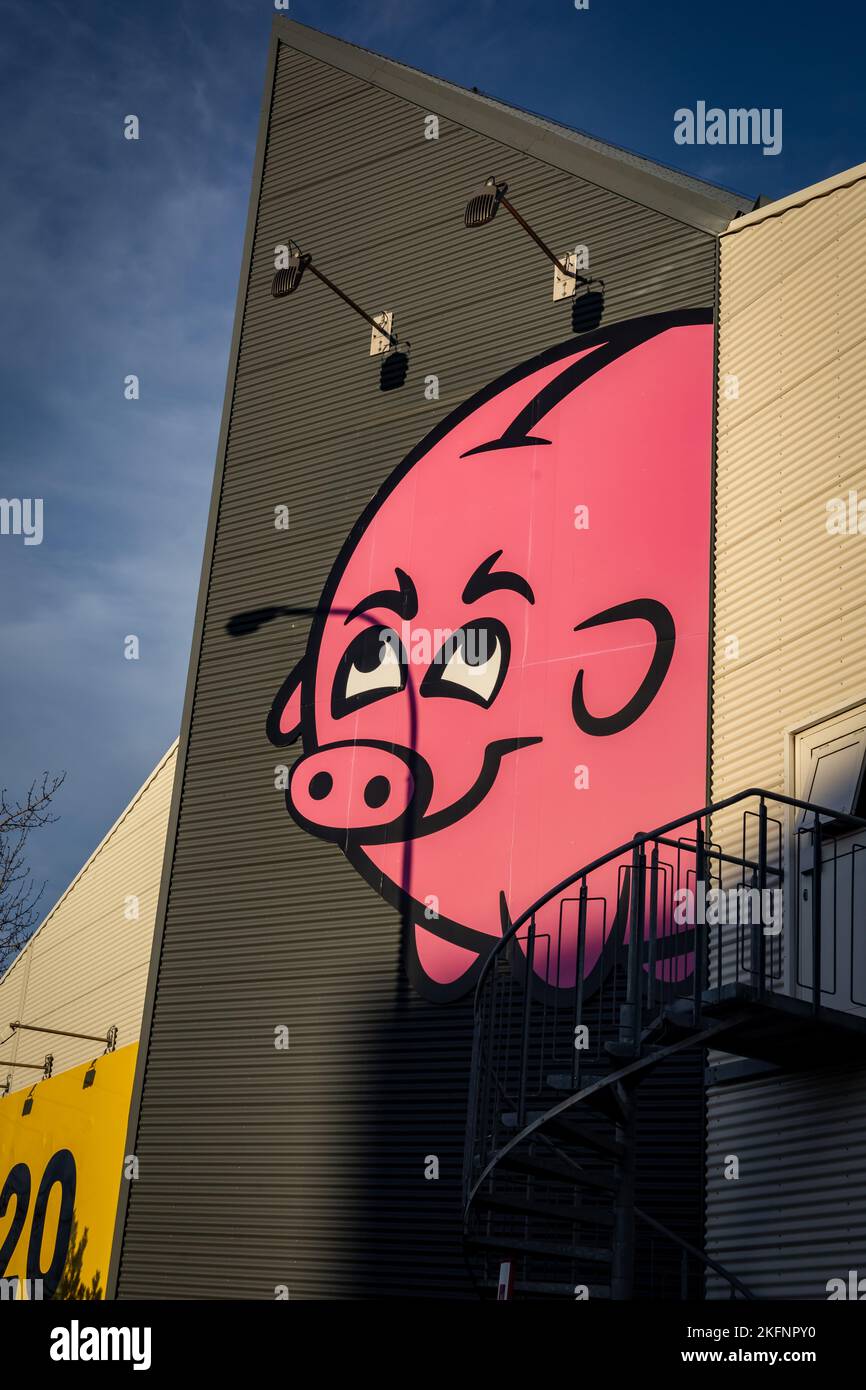 Reykjavik, Iceland - November 10, 2022: Pink funny pig, a logotype of ...