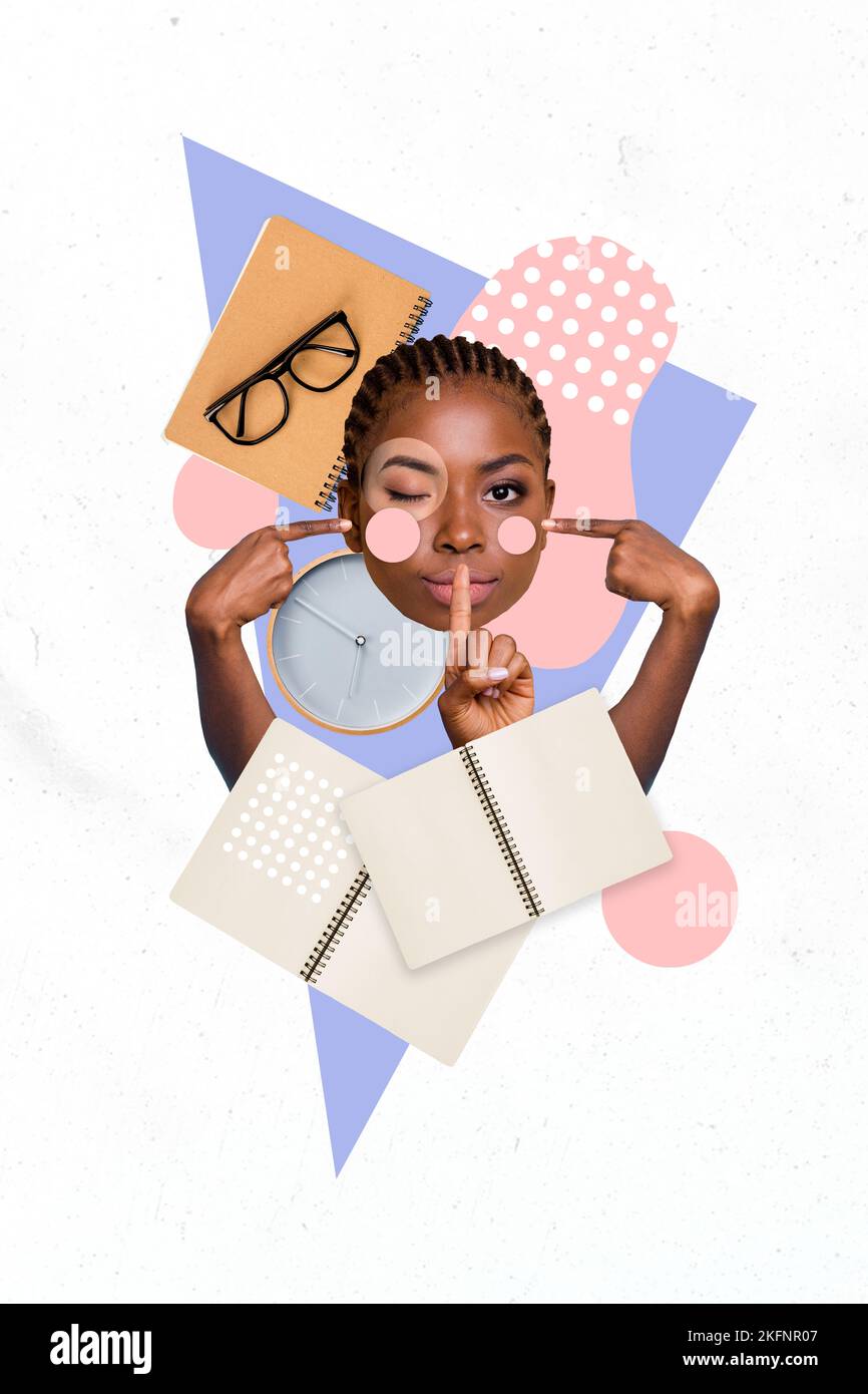 Vertical poster collage of girl head notebook isolated on painting ...