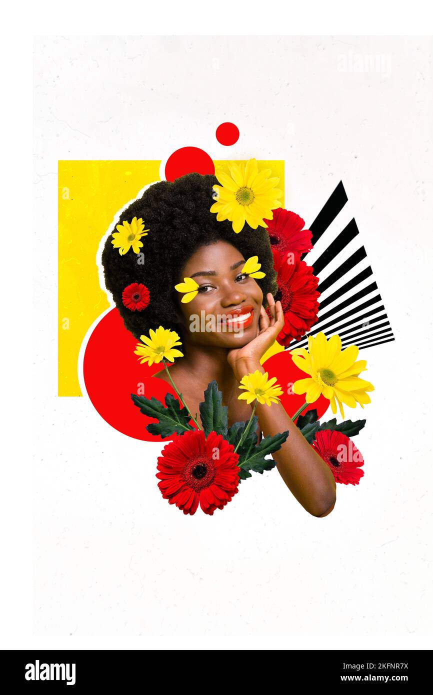 Vertical poster collage of woman in flowers isolated on painting grey ...