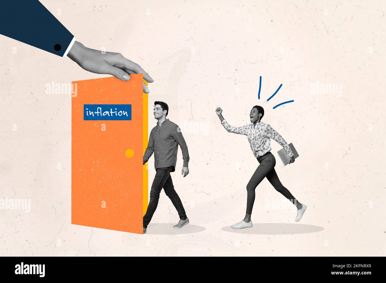 Composite collage illustration of big arm hold opened inflation door ...