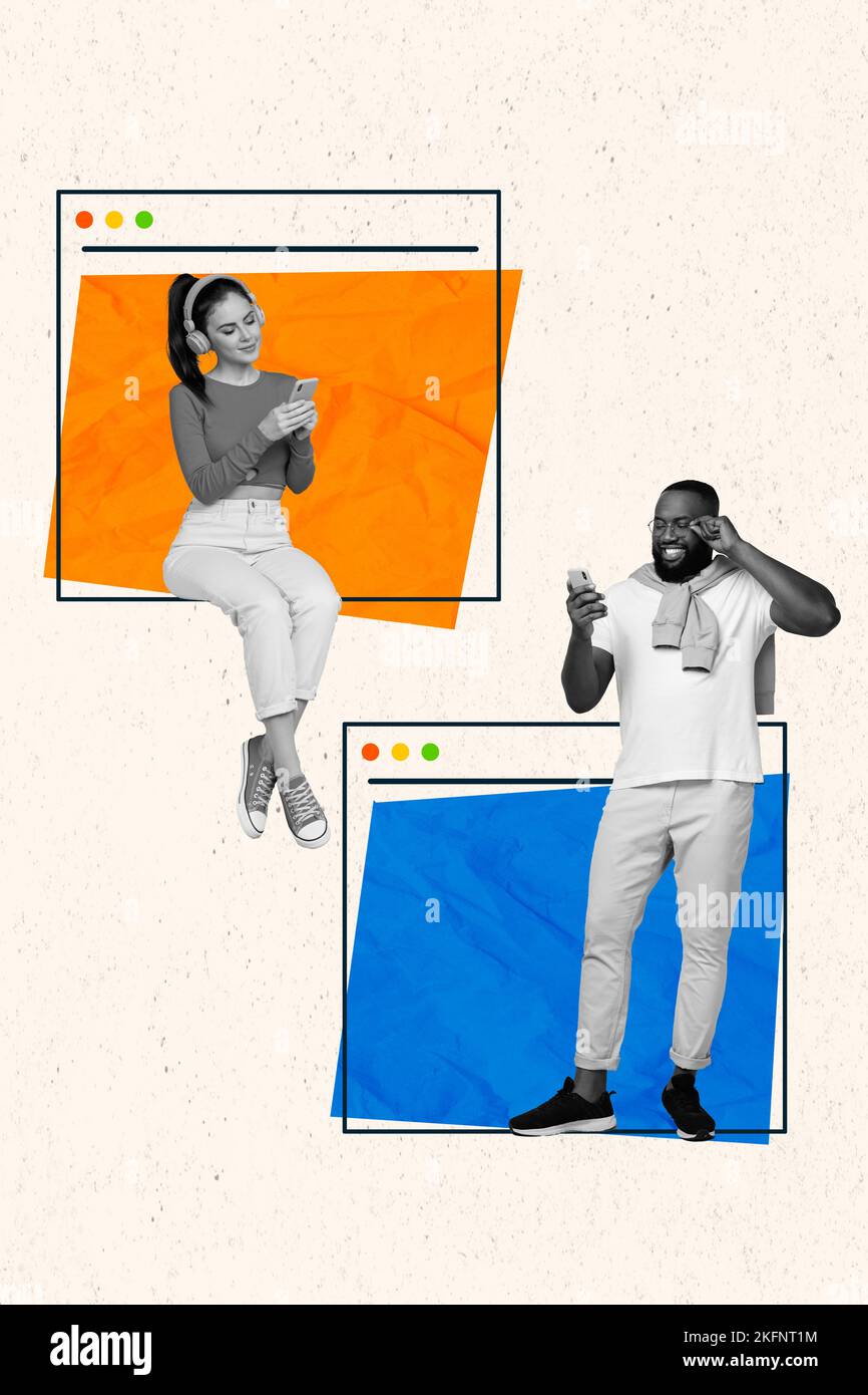 Vertical collage image of two positive people black white colors use ...