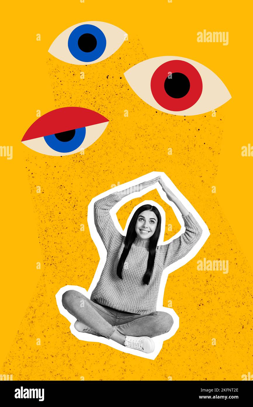 Vertical collage picture of cheerful girl black white effect arms make ...