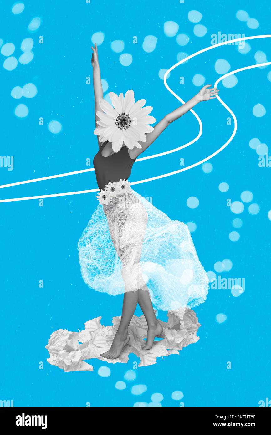 Vertical collage picture of peaceful girl black white colors flower ...