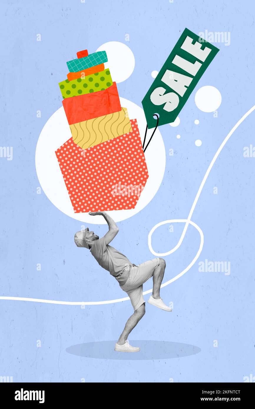 Vertical creative collage photo of funny satisfied positive guy hold ...