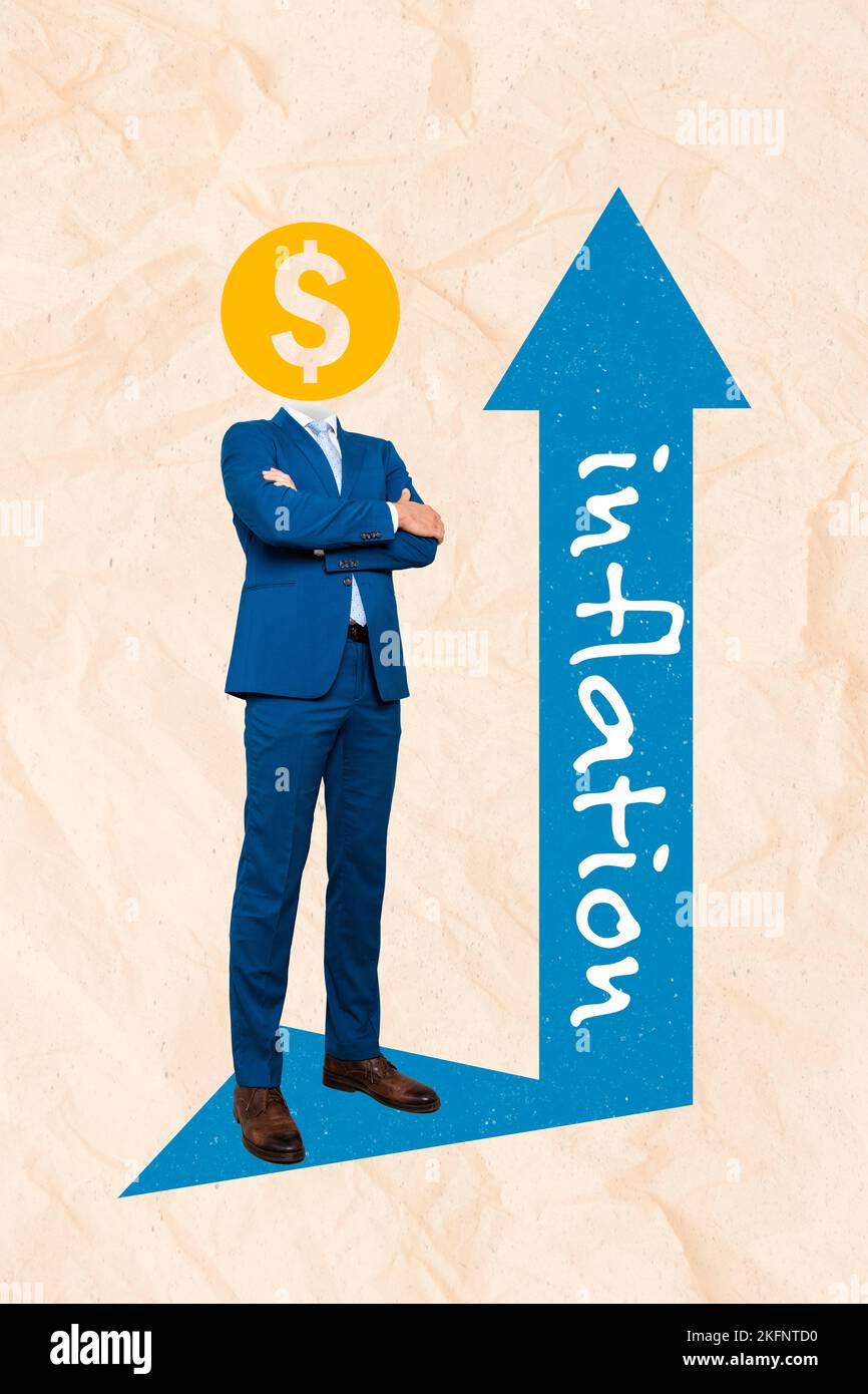 Vertical collage image of business person crossed arms money coin ...