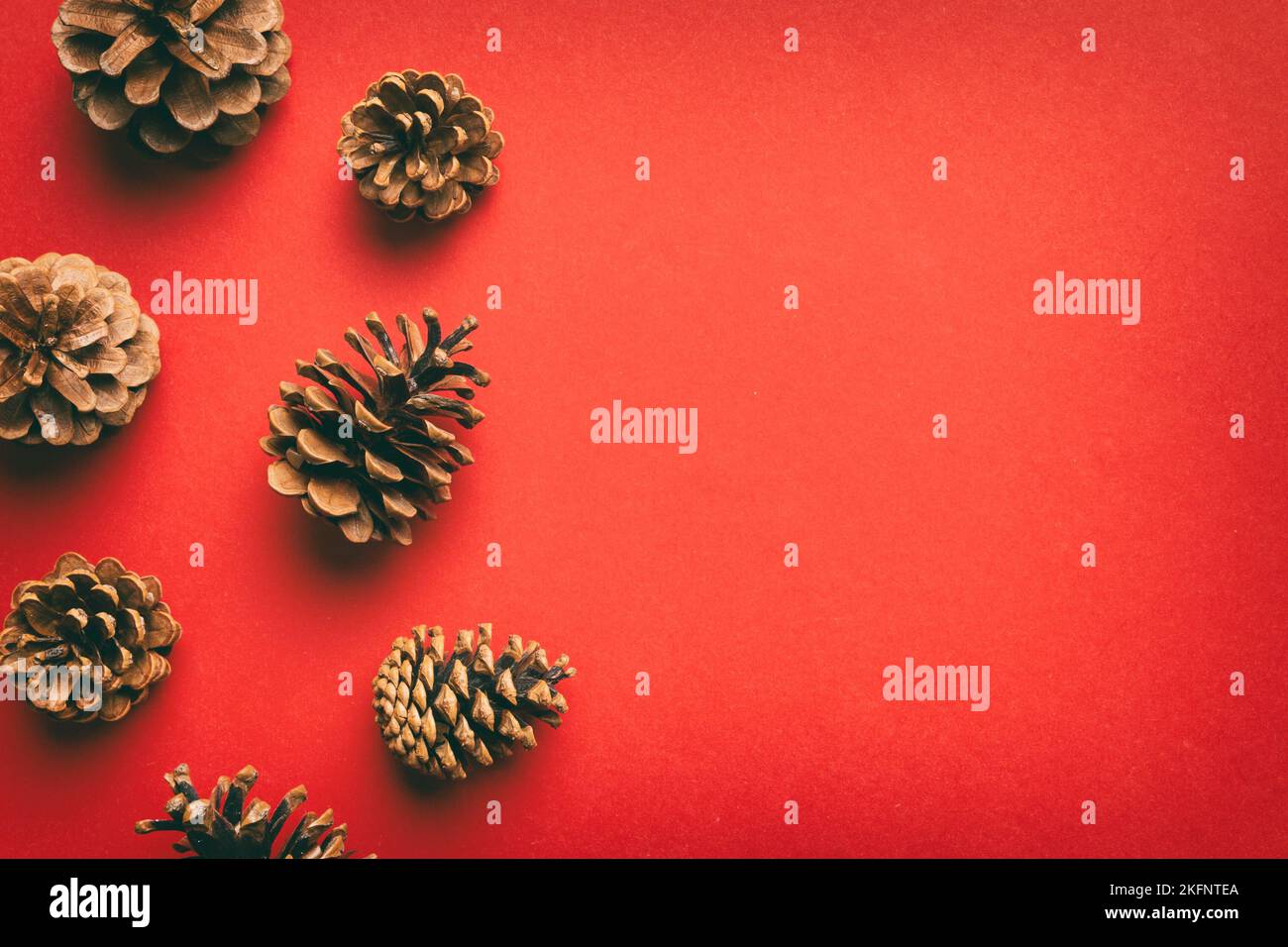 Christmas pine cones on colored paper border composition. Christmas ...