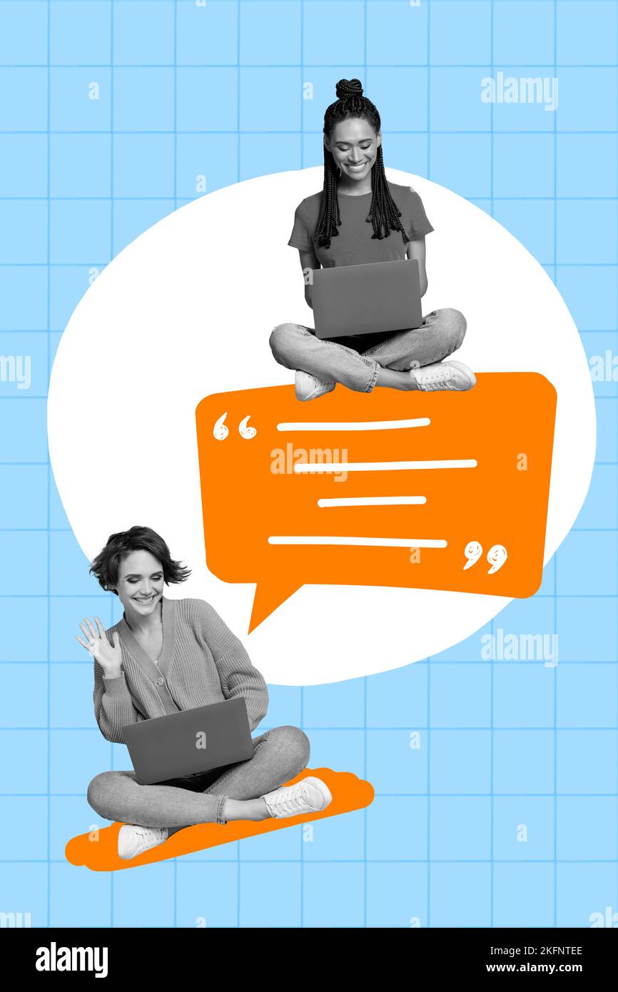 Vertical creative collage photo of two beautiful girls talking on video ...