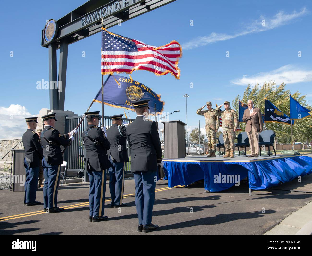 Oregon Army National Guard Color Guard members render colors during the ...