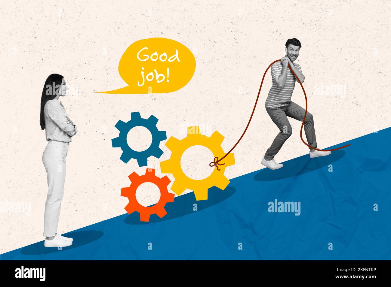 Creative photo collage of guy worker dragging cogwheels up on top girl ...