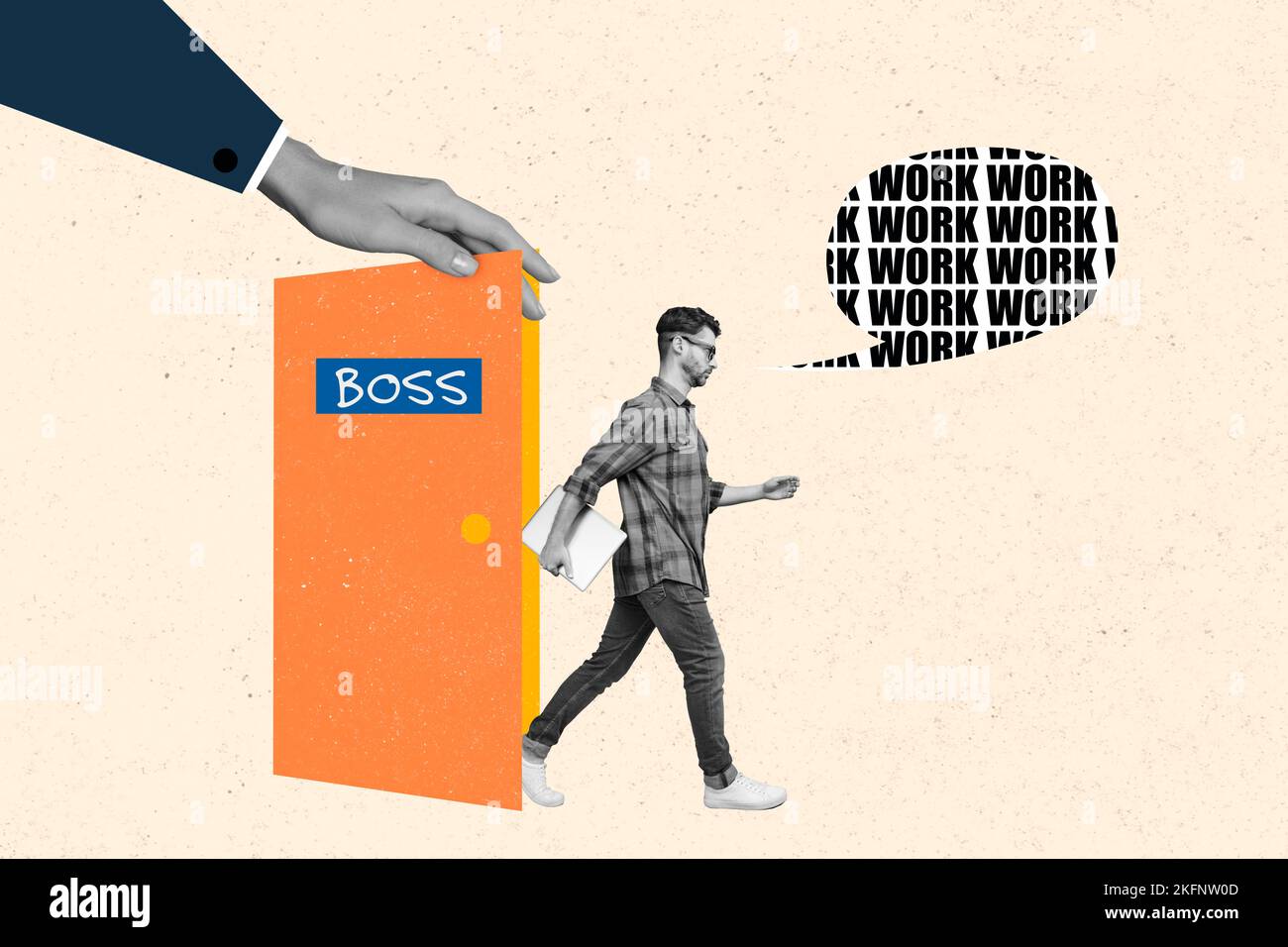 Collage photo of boss go out office doors hold netbook after conference ...