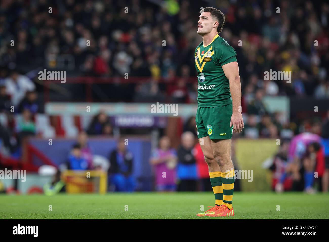 Manchester, UK. 19th Nov, 2022. Nathan Cleary of Australia looks at the ...