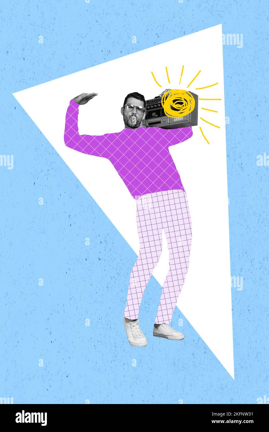 Vertical creative collage photo of funny positive cool guy hold boombox ...