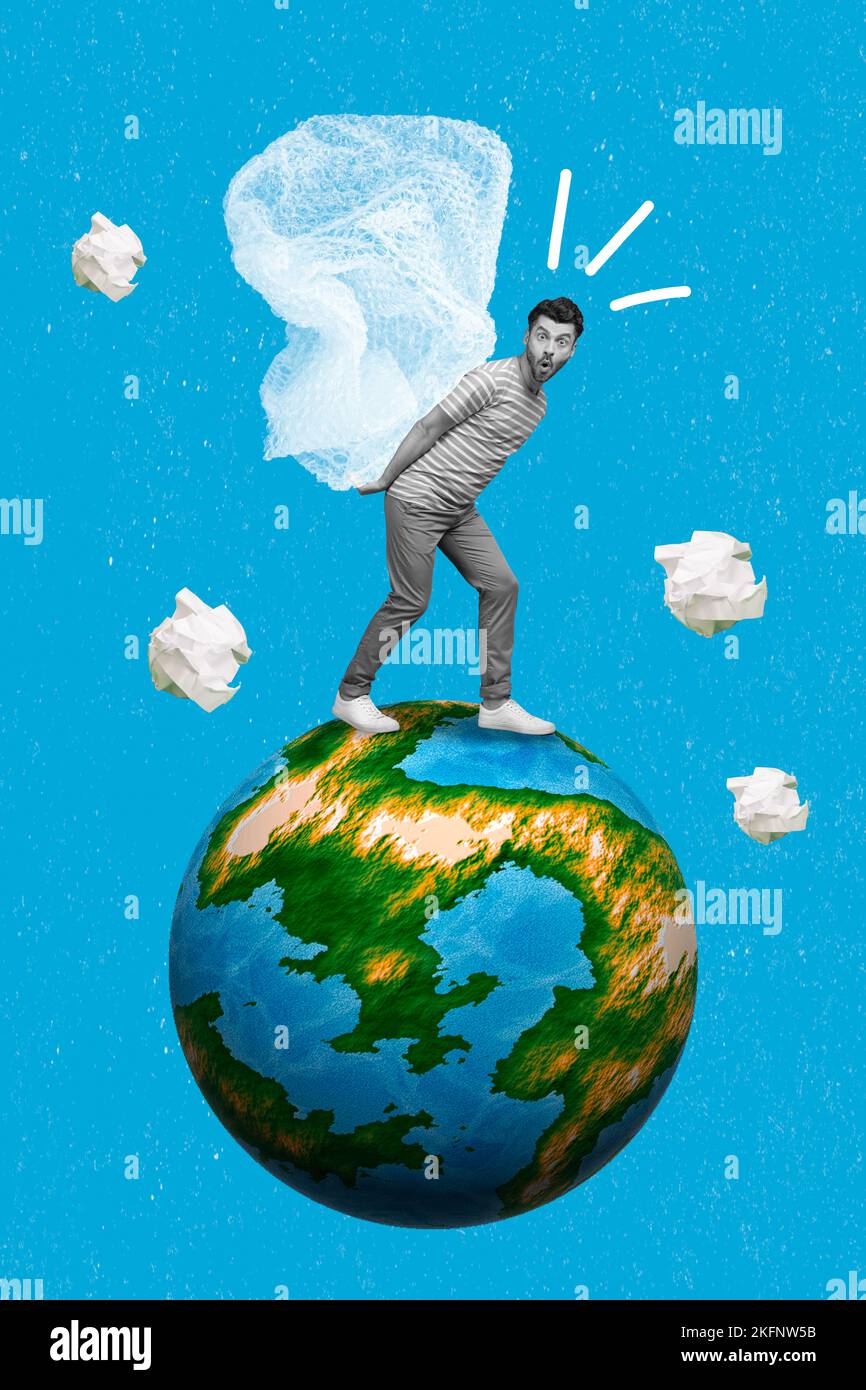 Collage banner of young excited activist world air pollution throwing ...
