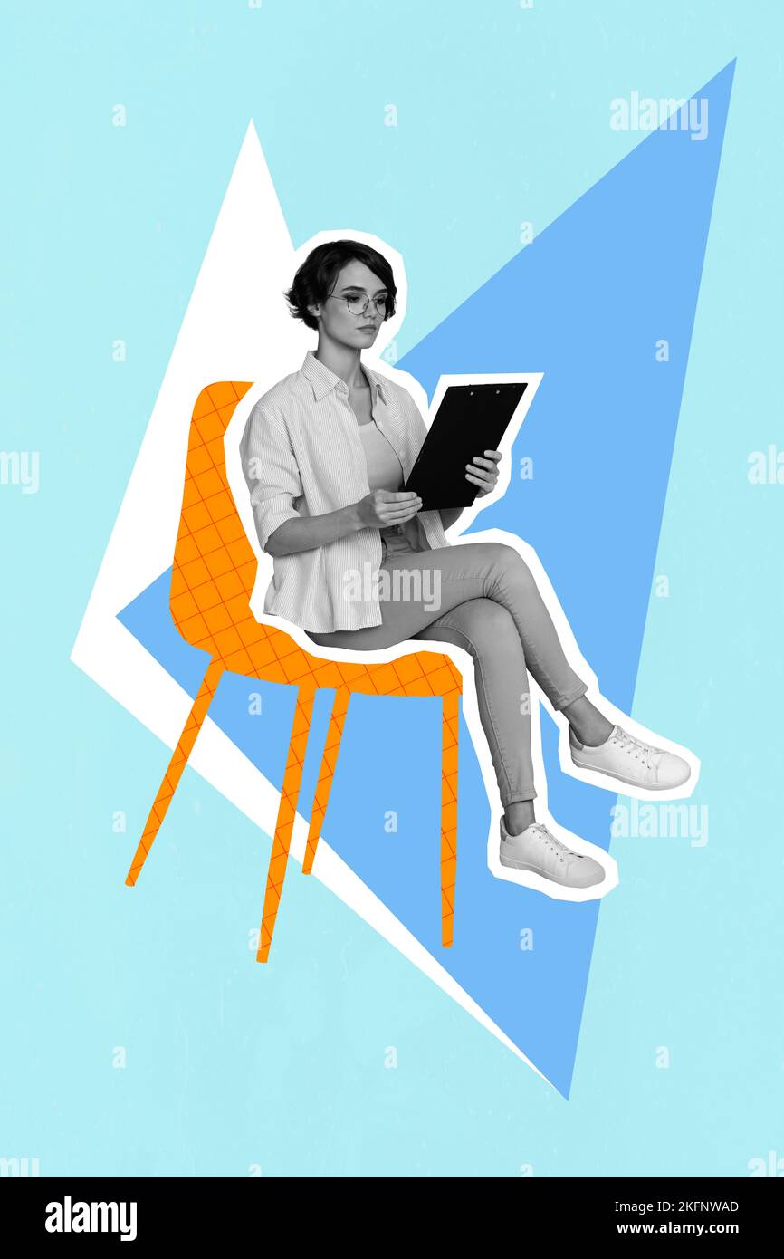 Collage photo of young entrepreneur business owner lady sitting chair ...