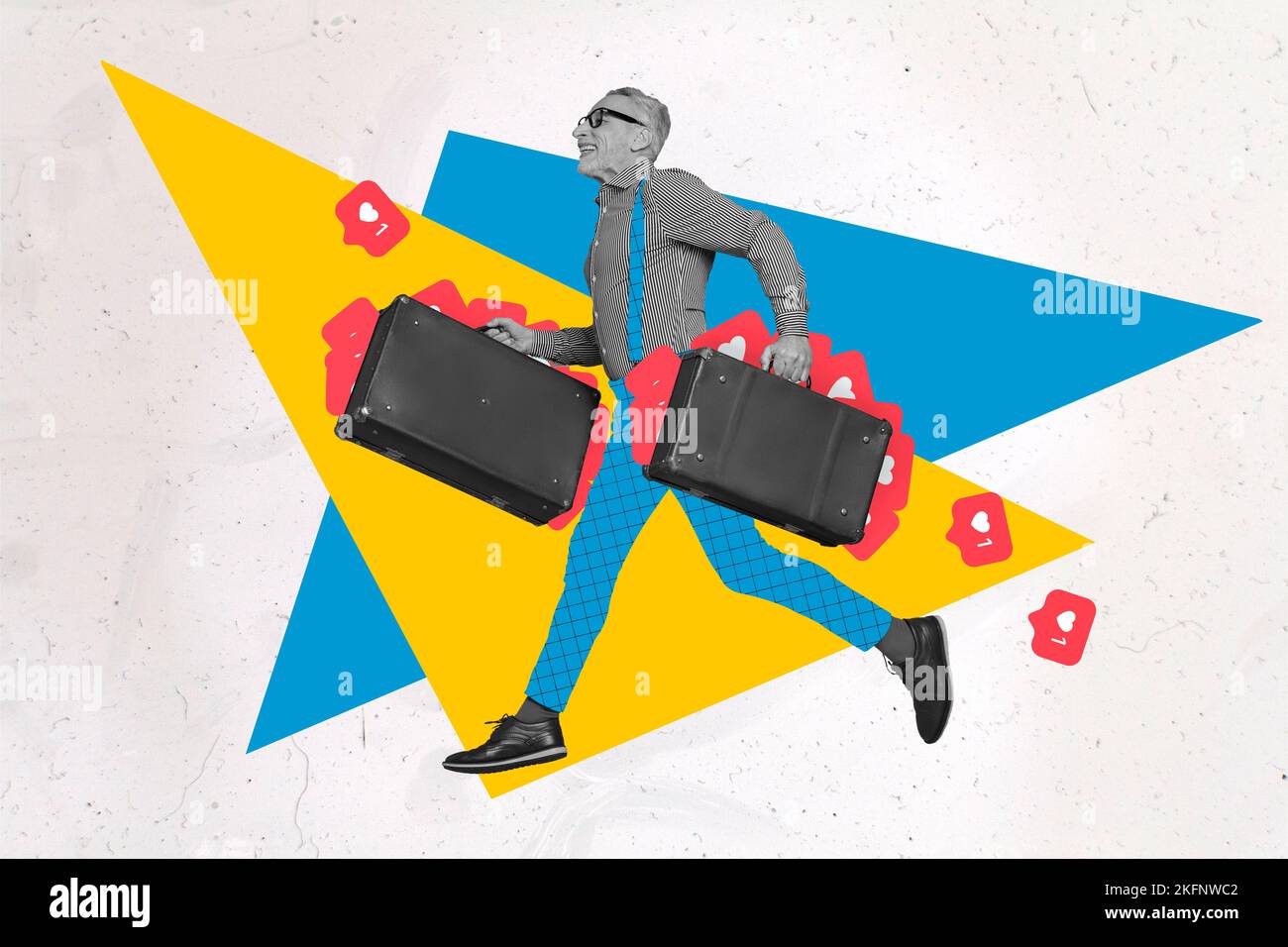 Creative trend collage of running fast old man gentleman carry ...