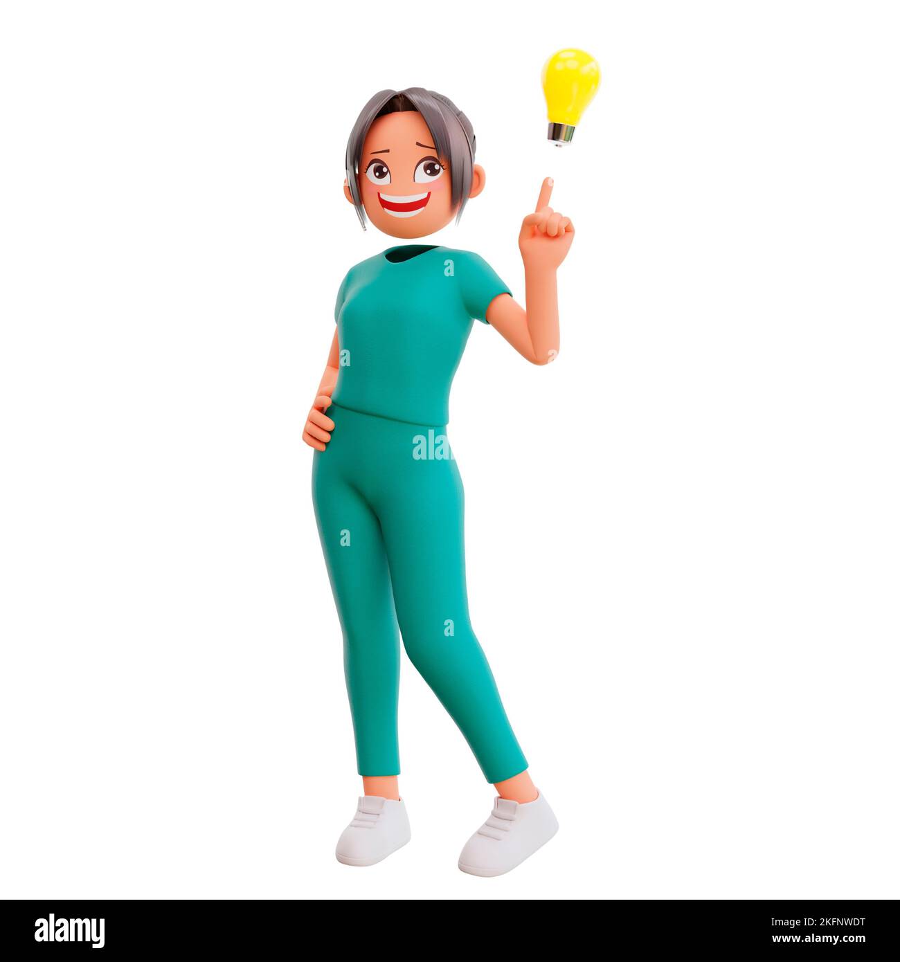 A 3D-rendered nurse in a hospital gown uniform with an idea gesture ...