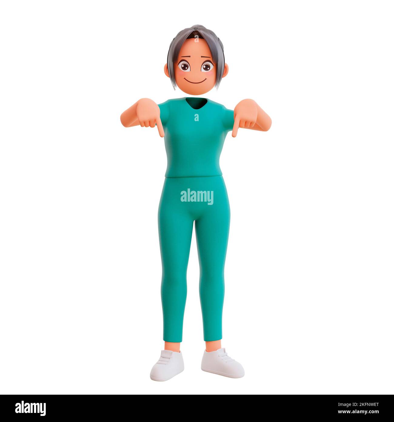 A 3D-rendered nurse in a hospital gown uniform pointing down isolated ...