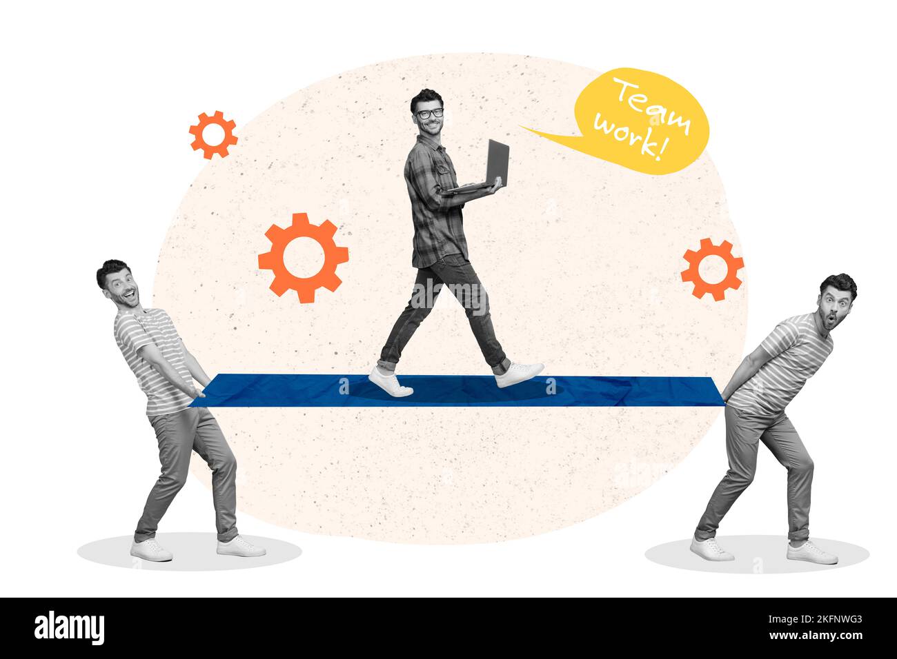 Collage photo of three workers colleagues hold platform with boss team ...