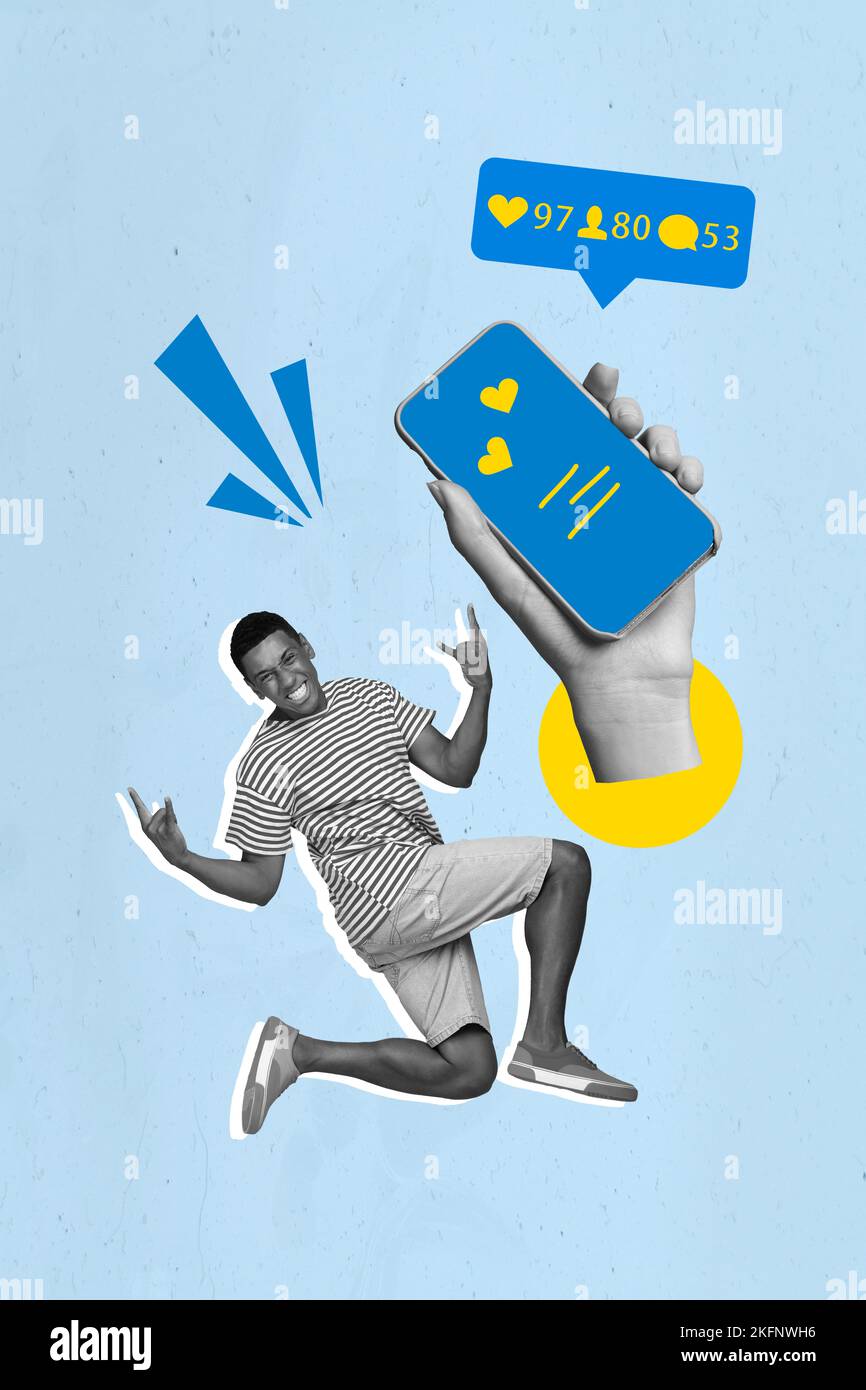 Creative poster collage of excited energetic happy blogger man horns ...