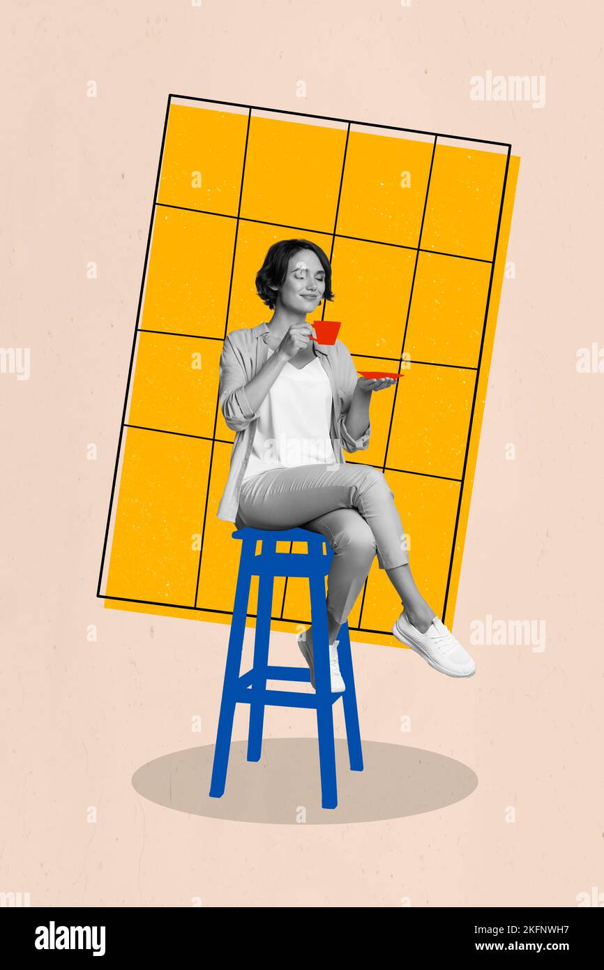 Creative abstract template collage of calm peaceful young woman sitting ...