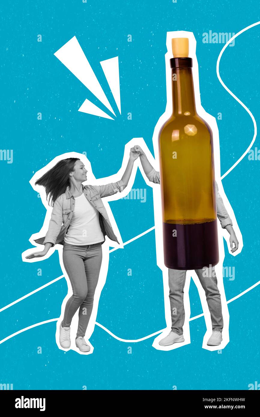 Vertical creative collage image of funny funky young woman dancing wine ...