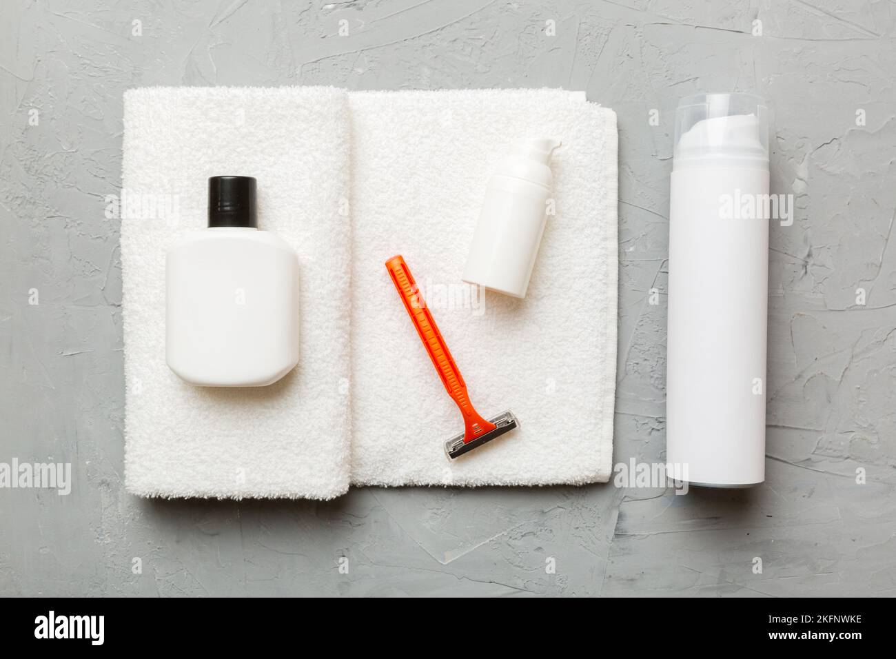 shaving man set. shaving machine, towel, lotion and shaving foam on ...