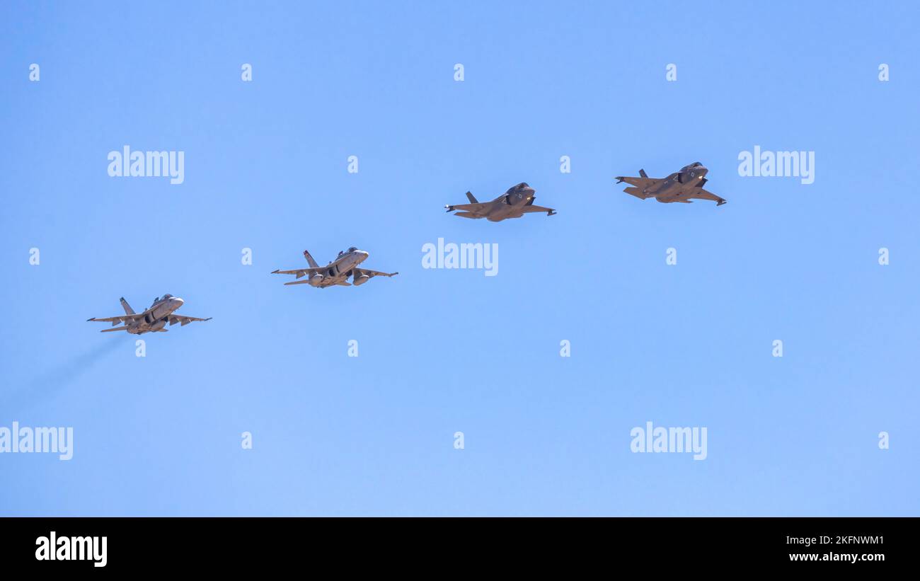 A formation of US Army F-18 Hornet, F-18 Super Hornet, and F35 ...