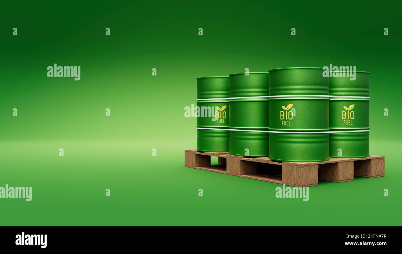 Pallet of green biofuel barrels or biodiesel drums. Sustainable energy ...